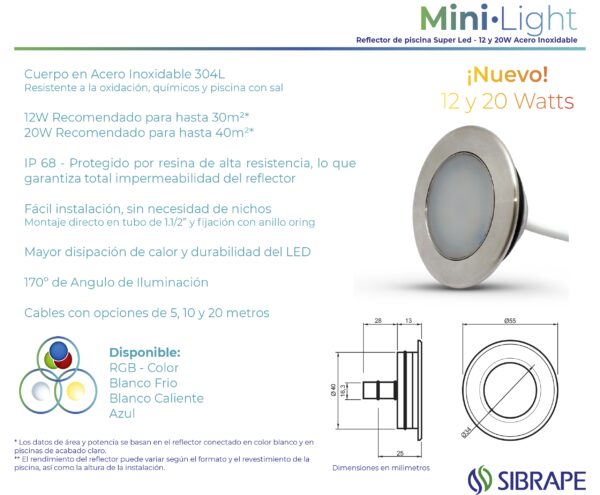 Reflector Sirius 20 watts cable 5 mt| Sibrape - Pool Zone